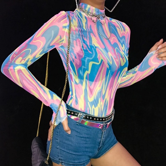Tops | Colorful Trippy Long Sleeve Sheer Bodysuit | Poshmark